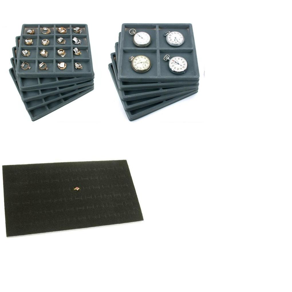 Gray 16 & 4 Slot Flocked Jewelry Tray Insert & Black Ring Foam Pad Kit ...